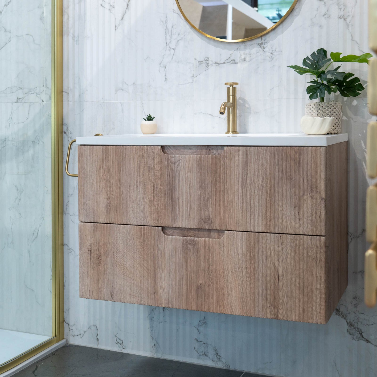 Granlusso Opus Oak Fluted Wall Mounted Vanity Unit With Solid Surface ...