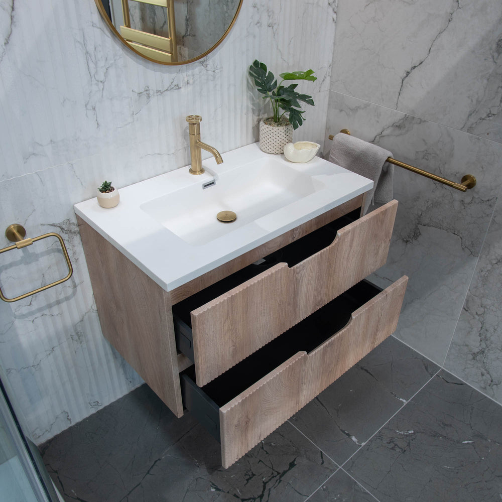 Granlusso™ Opus Oak Fluted Wall Mounted Vanity Unit With Solid Surface ...