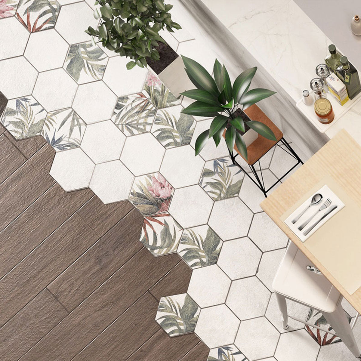 Fiori Blanco Floral Decor Hexagonal Porcelain Tile 23x27cm Matt ...