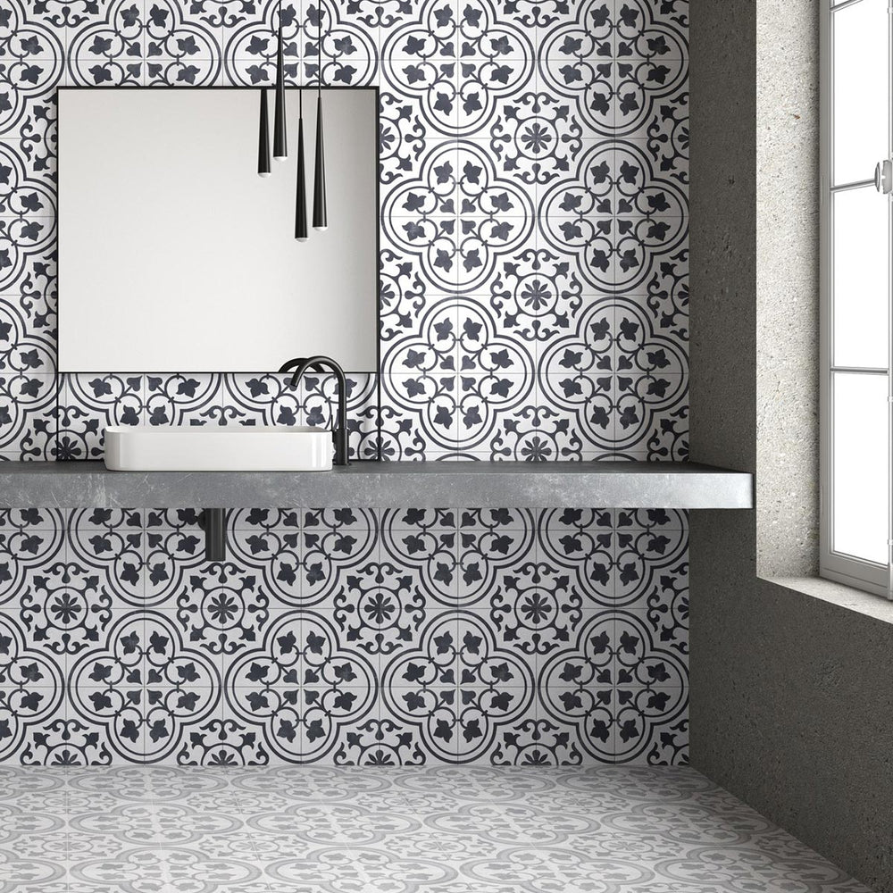 Cuban White Ornate Porcelain Tile 22x22cm Matt | Deluxe Bathrooms